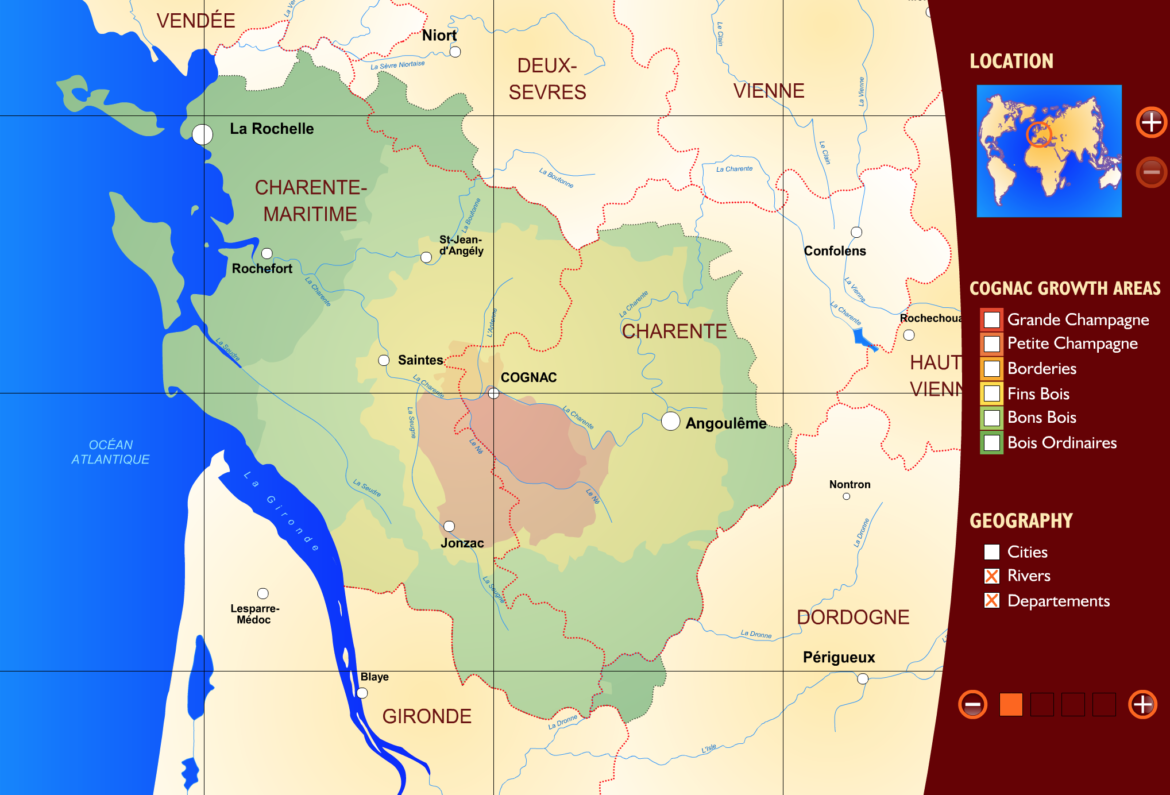Map of Cognac's wine regions, BNIC - Around the World in 80 Harvests